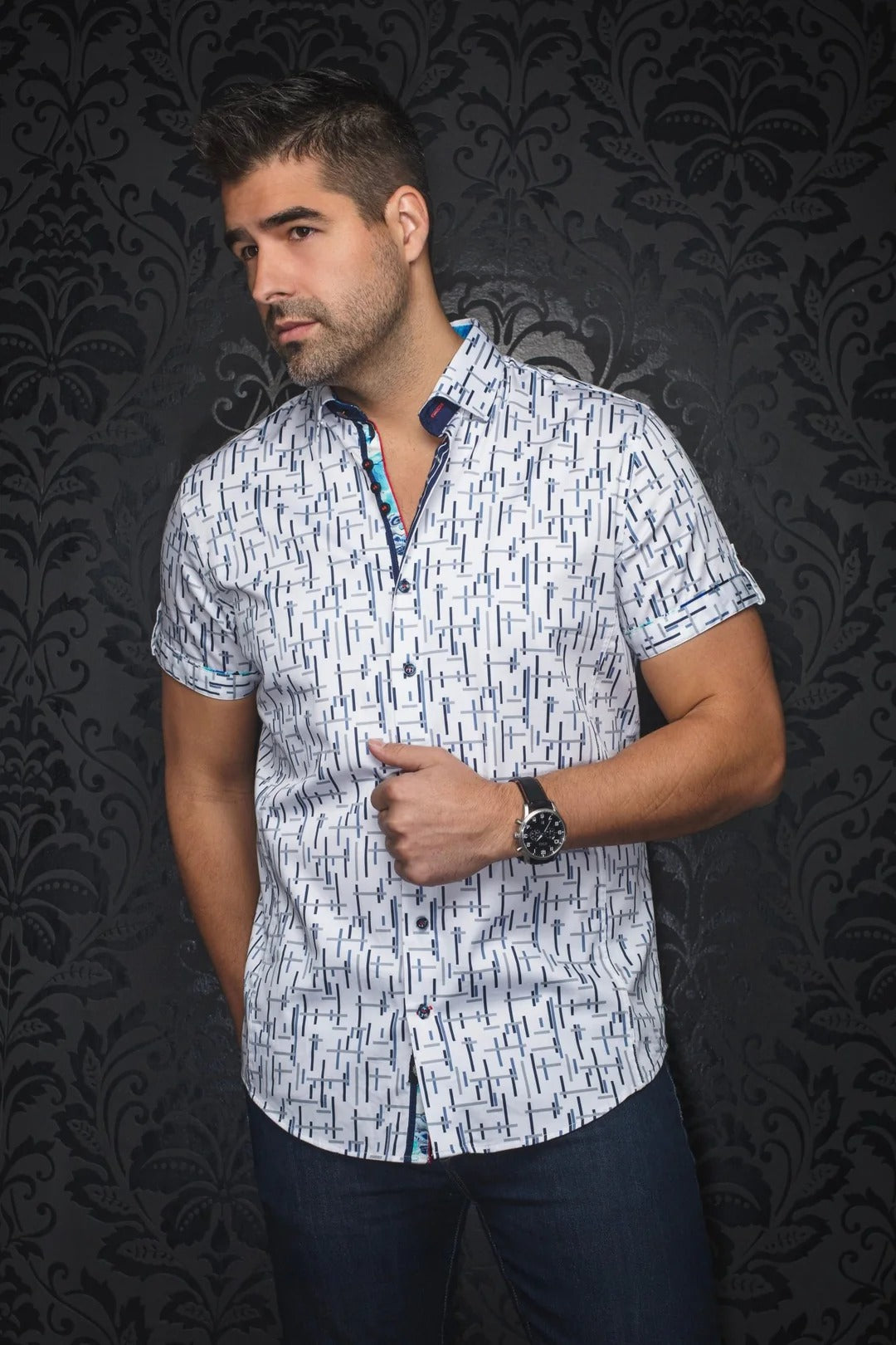 Au Noir Stretch Short Sleeve Shirt | Colton White Blue – Men Fashion